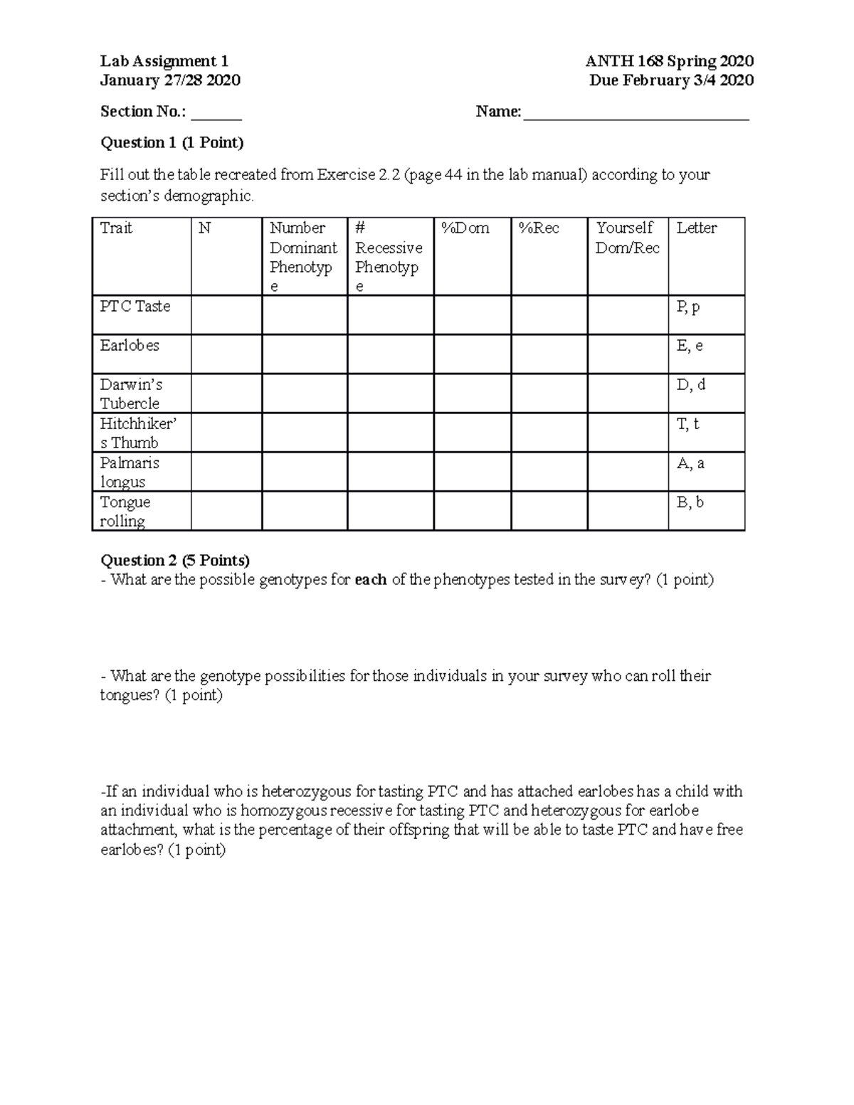 Lab 1 - Intro to Population Genetics - Lab Assignment 1 ANTH 168 Spring ...