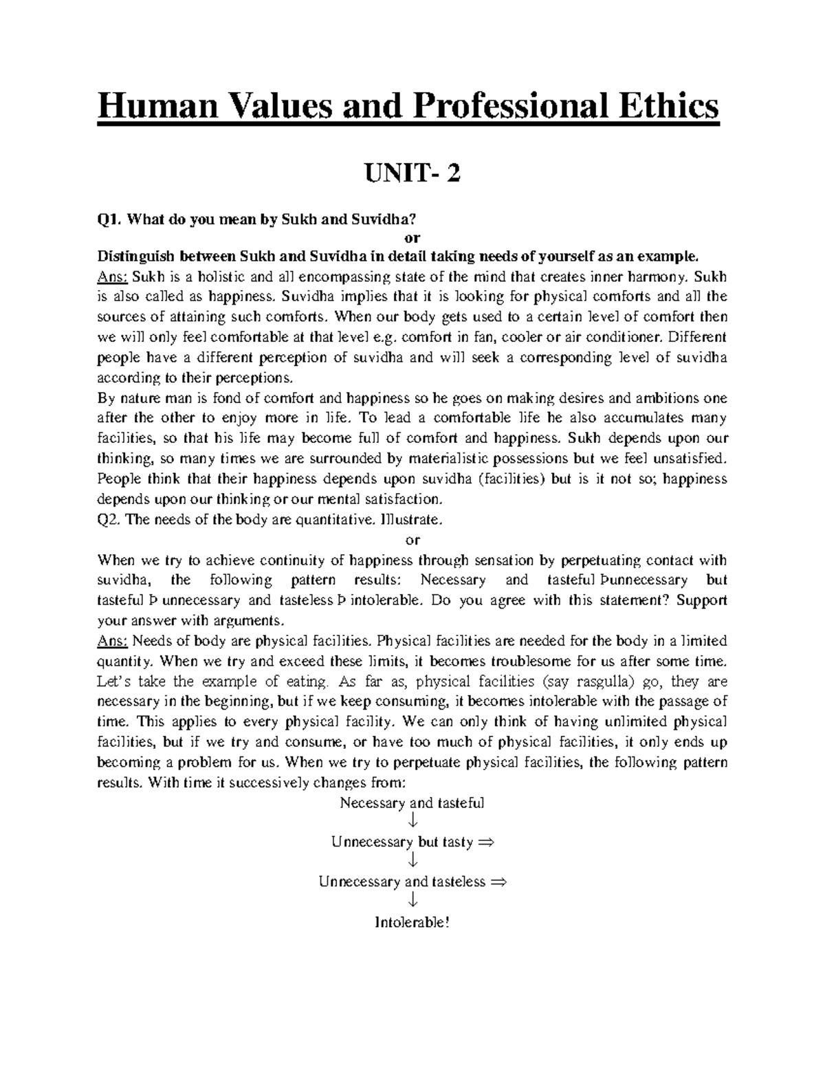 HV notes - Unit 2 - Questions for practice - Human Values and ...