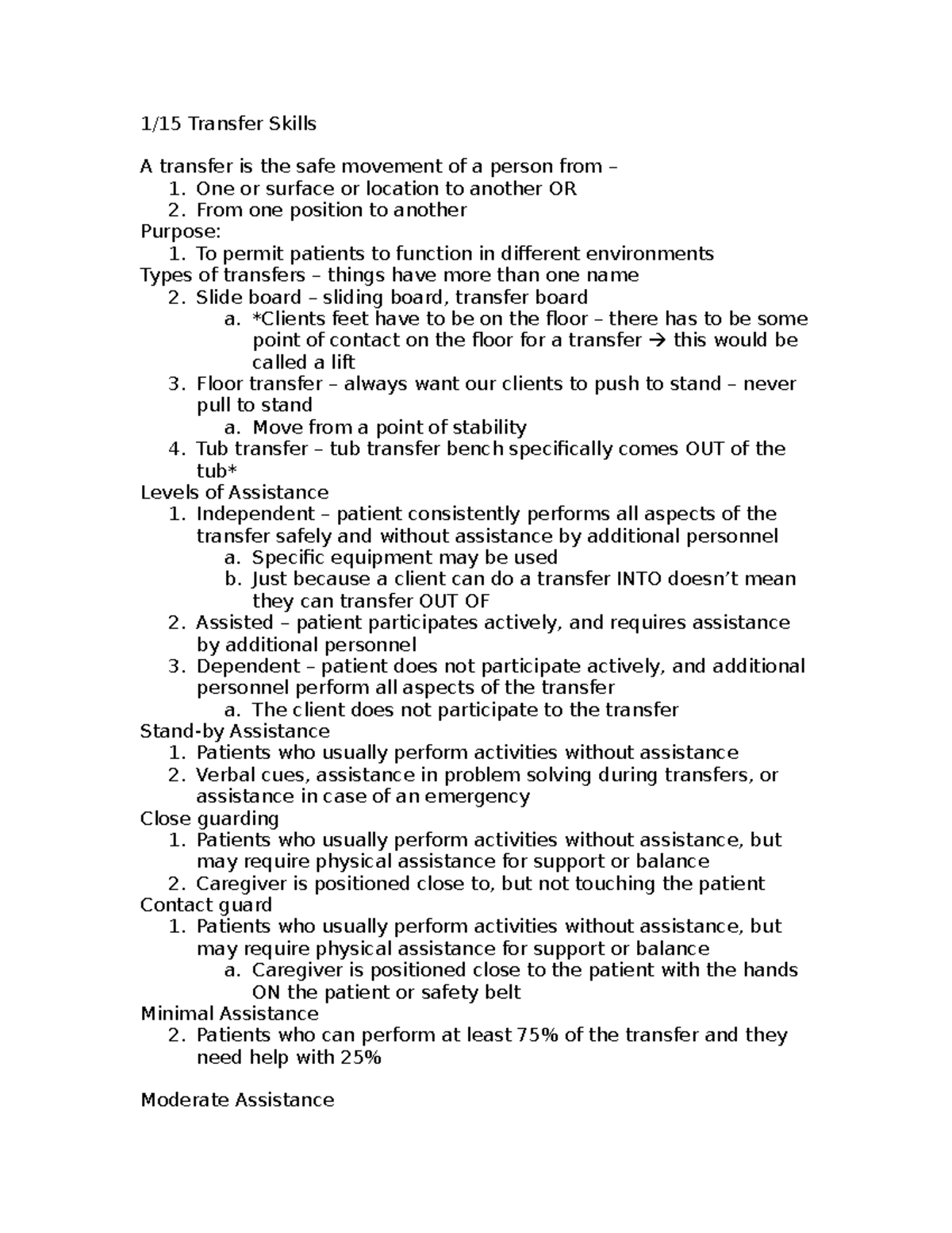 Transfers - One or surface or location to another OR 2. From one ...