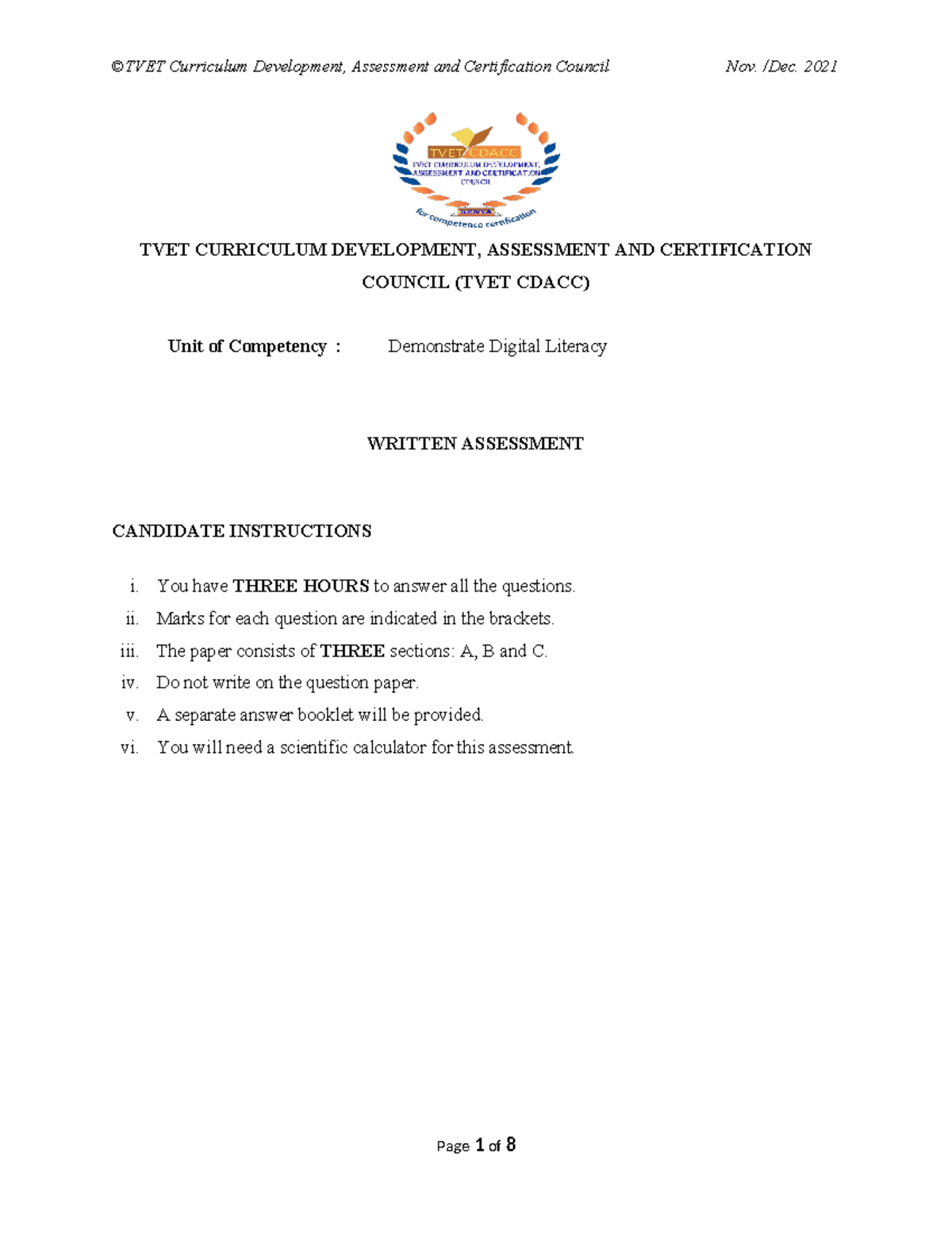 Candidate written assessment digital literacy level 5 - TVET CURRICULUM ...