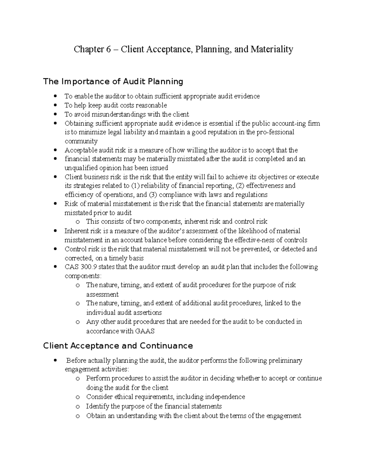 Chapter 6 – Client Acceptance, Planning, and Materiality - Chapter 6 ...