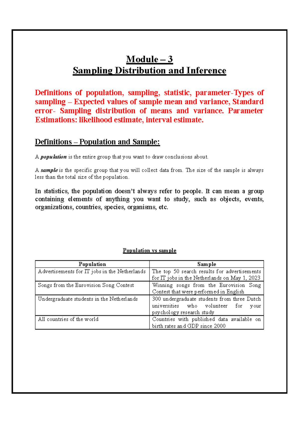 Sampling Distribution and Inference - Module – 3 Sampling Distribution and Inference Definitions ...