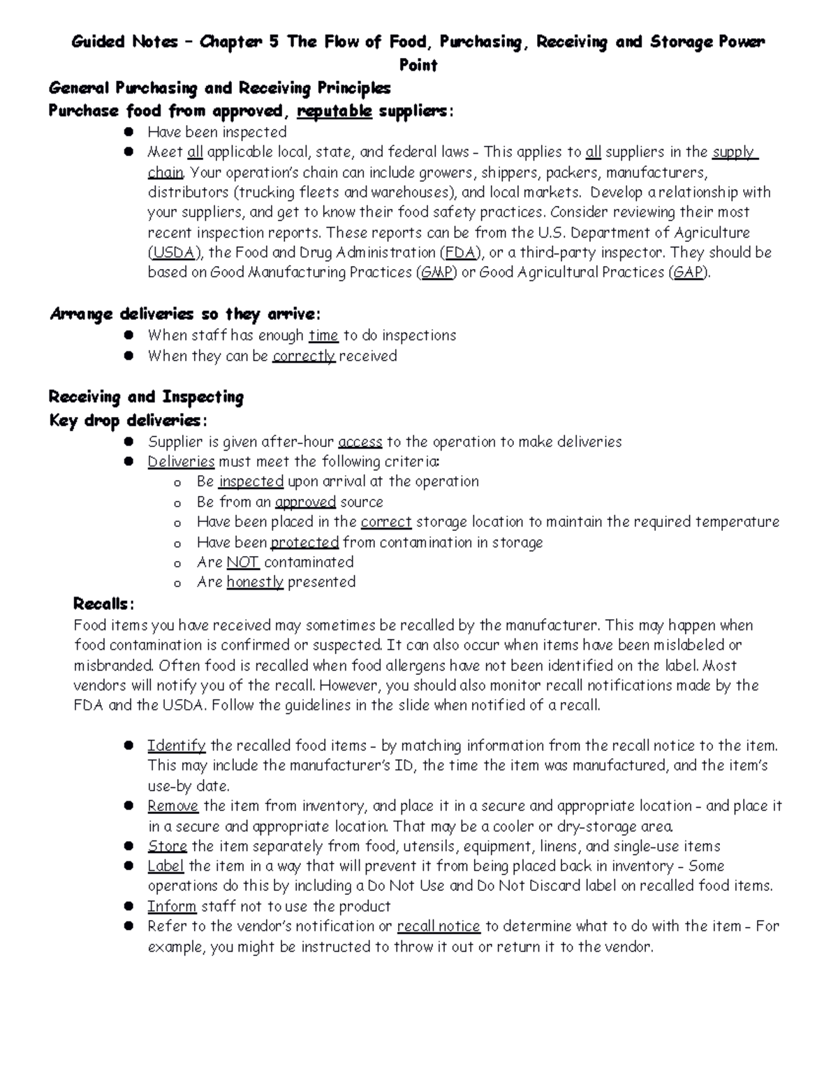 Guided notes chapter 5 - flow of food purchasing receiving and storage ...