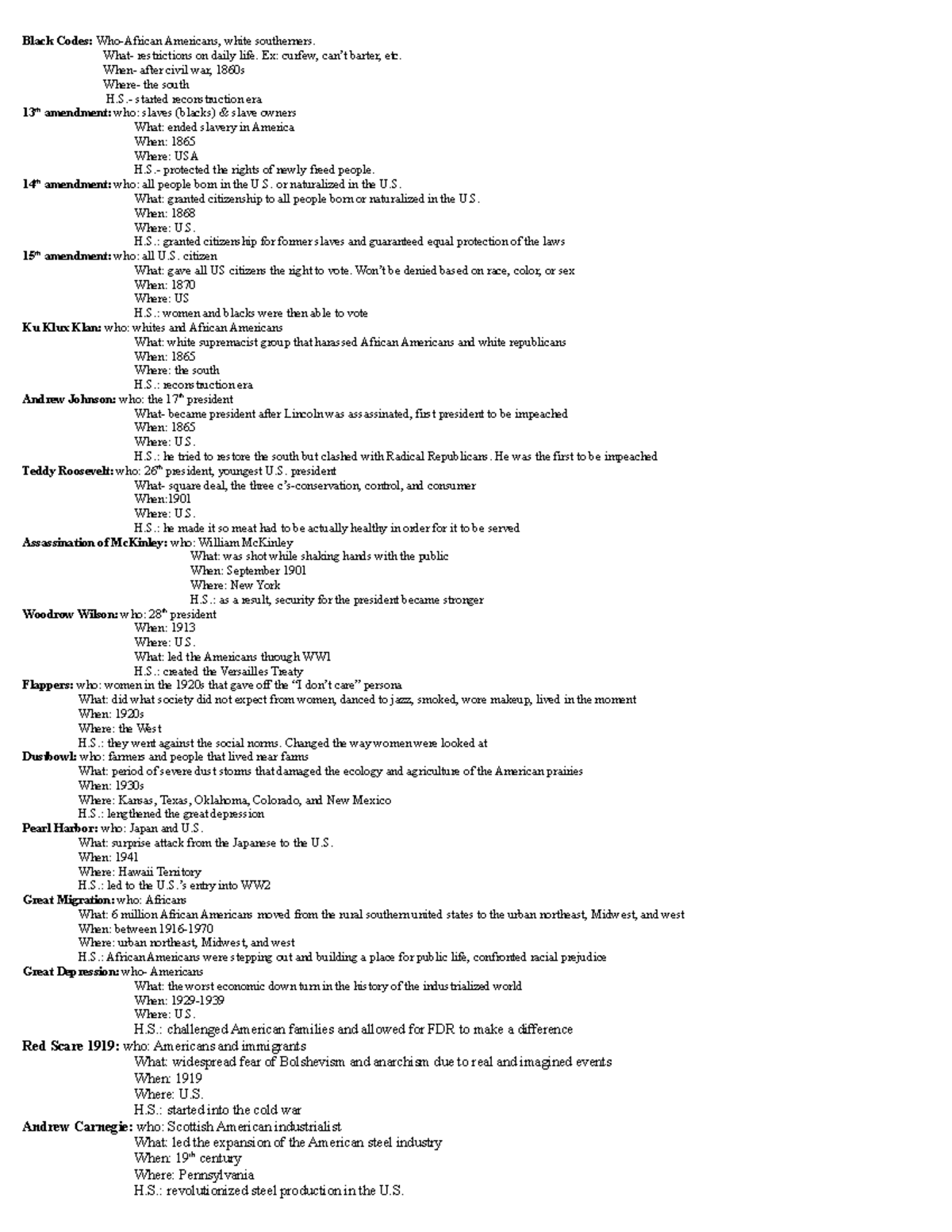 History cheat sheet - Lecture notes All - Black Codes: Who-African ...