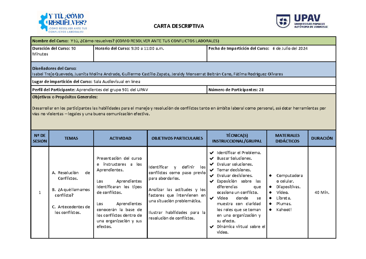 Carta Descriptiva - CARTA DESCRIPTIVA Nombre del Curso: Y tú, ¿Cómo ...