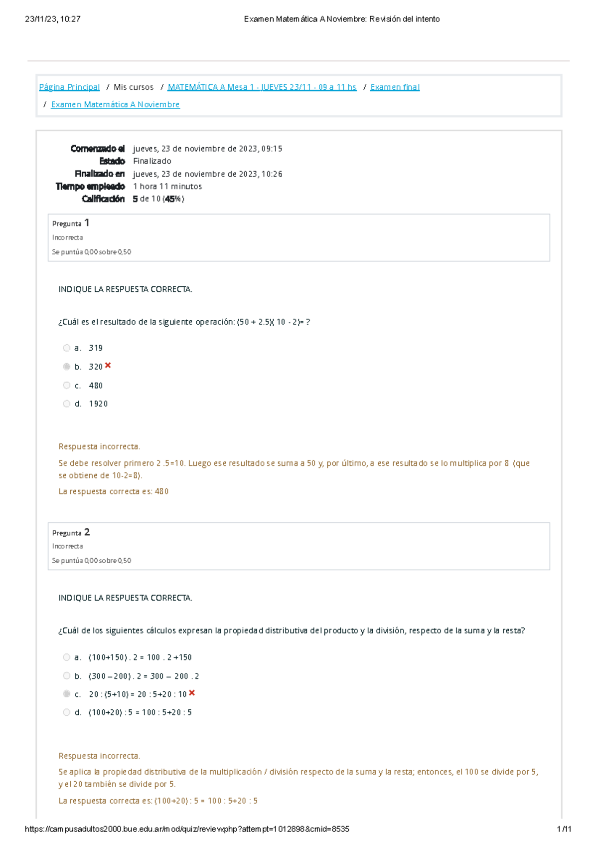 Examen Matemática A Noviembre Revisión del intento - Página Principal ...