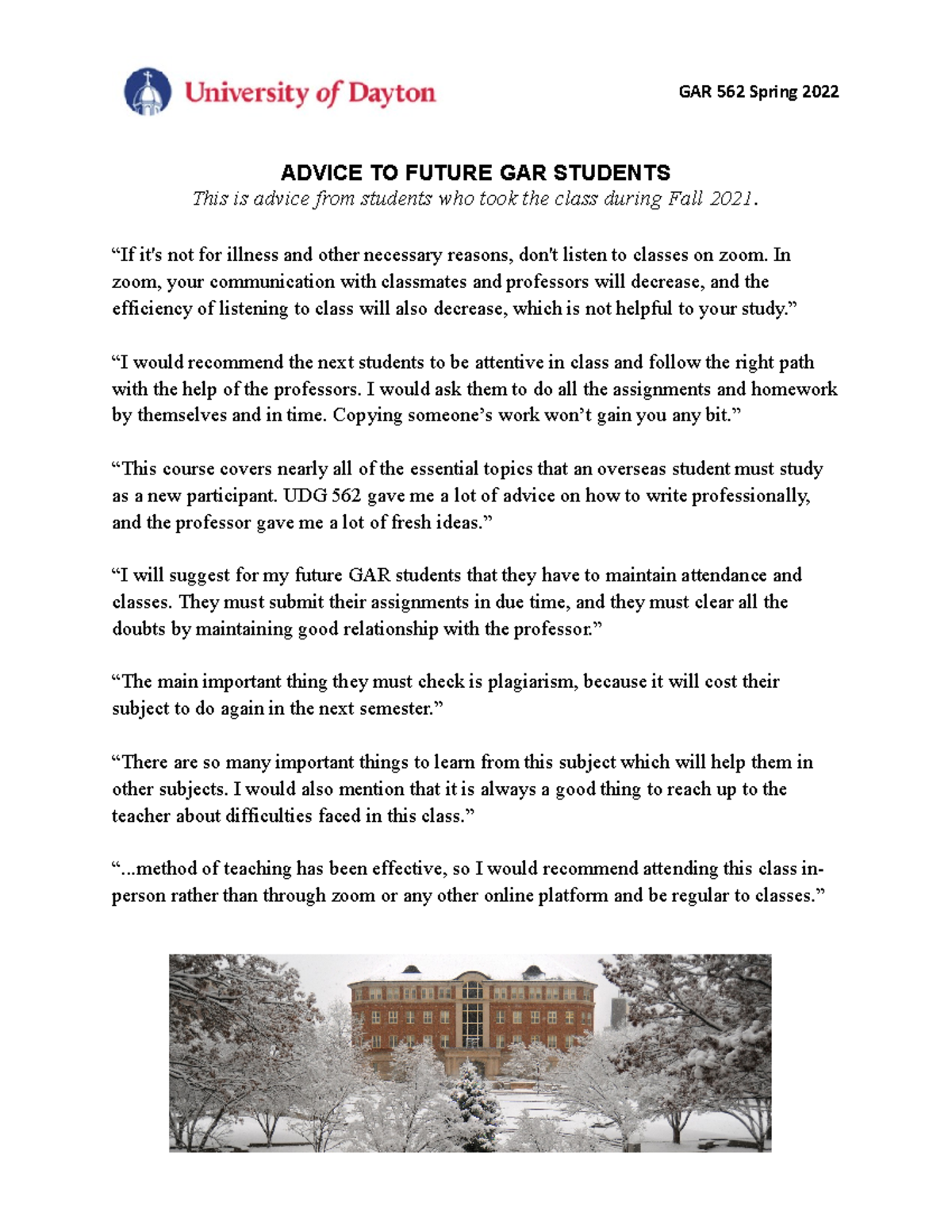 Advice to Future Students - GAR 562 Spring 2022 ADVICE TO FUTURE GAR ...
