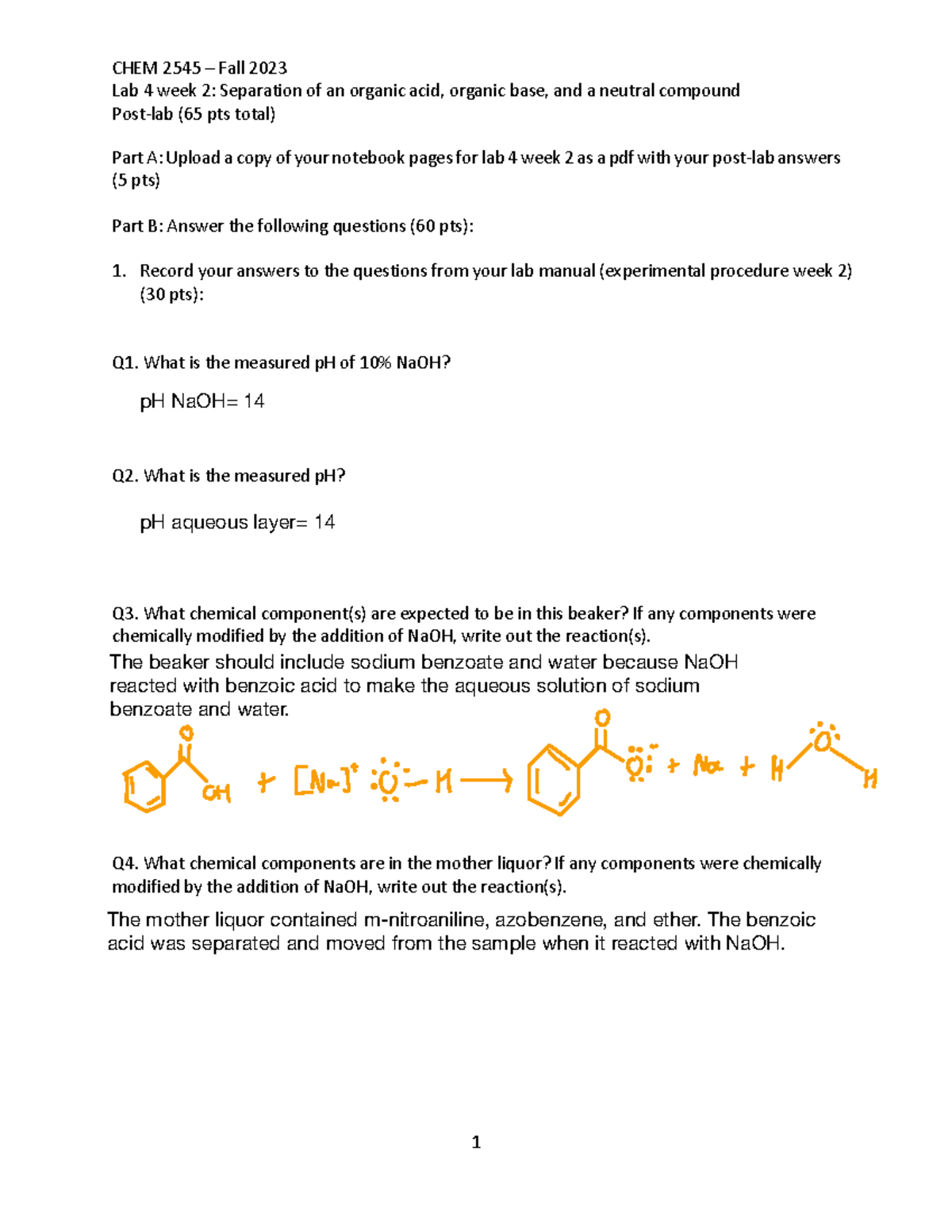 Lab 4 Post lab week 2 - Organic Chemistry Post Lab - Lab 4 week 2: Separation of an organic acid ...