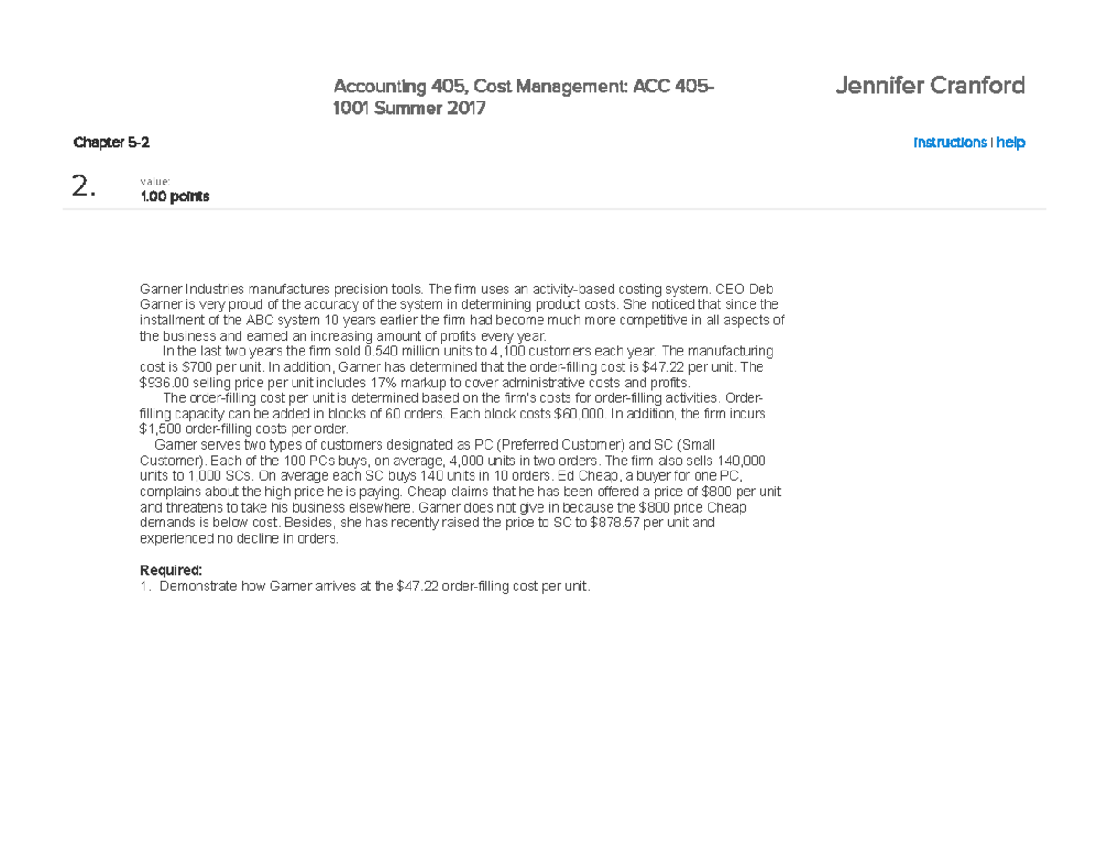 Chapter 5-22 - Accounting 405, Cost Management: ACC 4051001 Summer 2017 ...