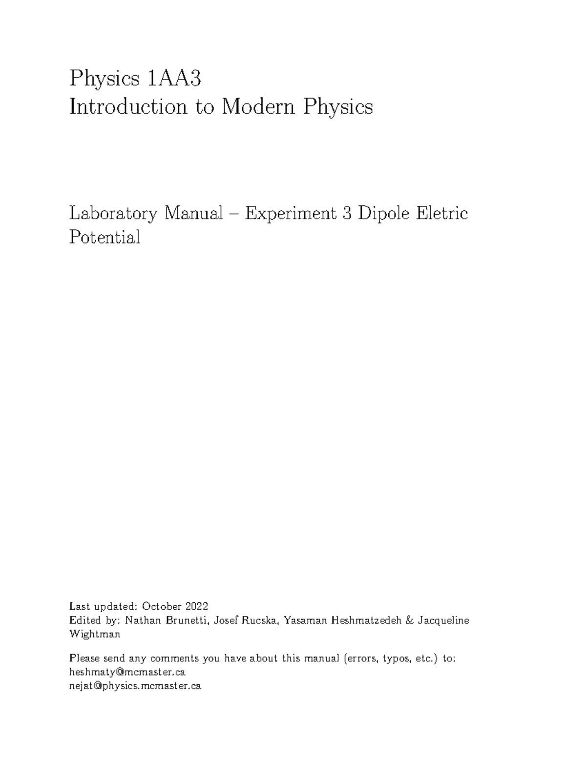 Experiment 3 Electric Potential Campus - Physics 1AA Introduction to ...