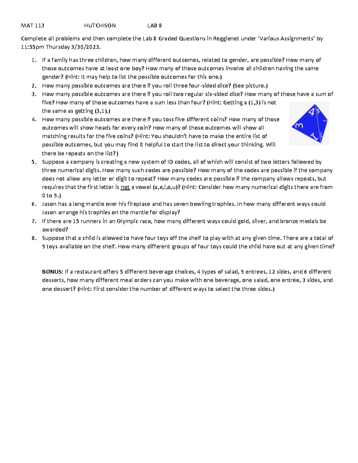 Lab 8 - mat 113 - MAT 113 HUTCHISON LAB 8 Complete all problems and then complete the Lab 8 ...