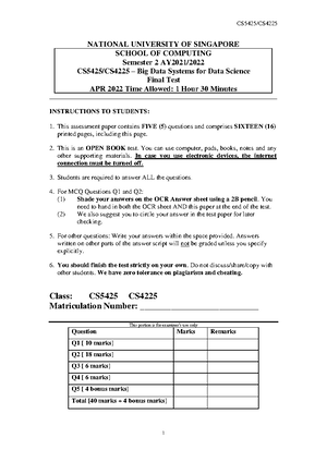 CS4225 tutorial 1 ans - CS4225/CS5425 BIG DATA SYSTEMS FOR DATA SCIENCE Tutorial 1: MapReduce ...