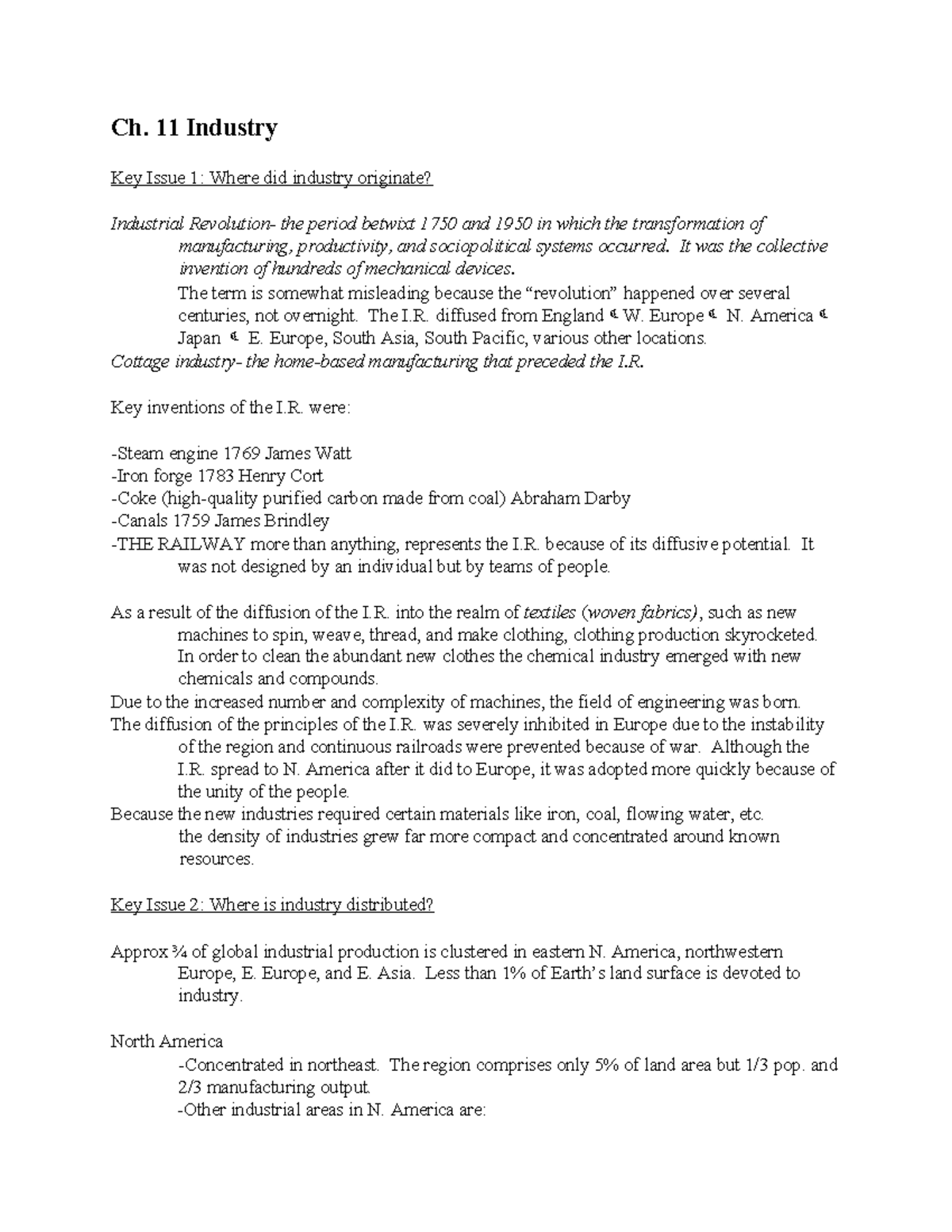 Ap hug outline ch - Help me help you - Ch. 11 Industry Key Issue 1: Where did industry originate ...