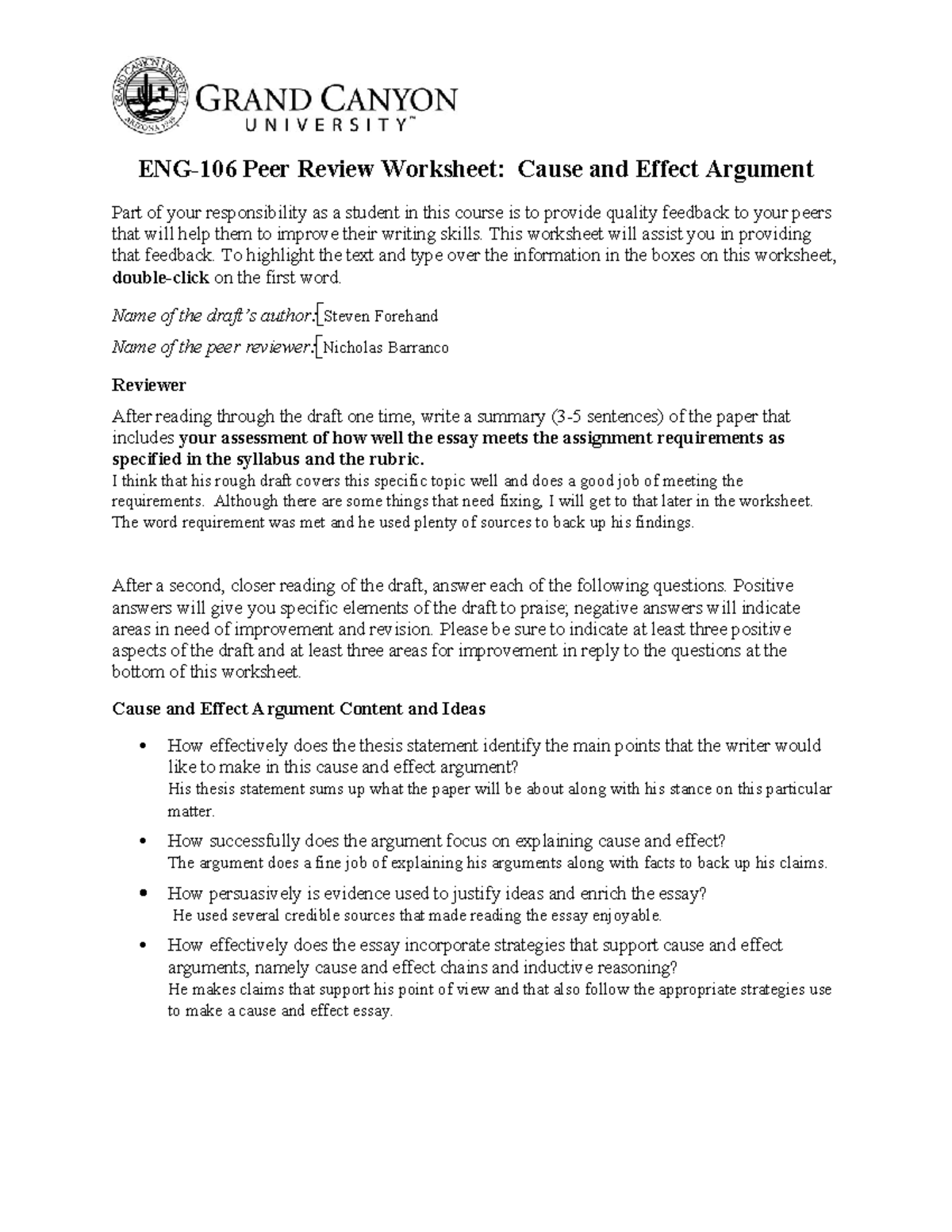 GCU ENG-106 Cause and Effect Peer Review Worksheet - ENG-106 Peer ...