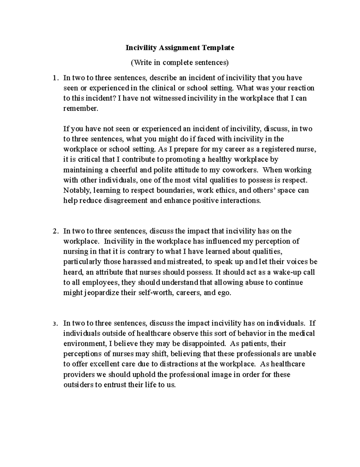 Incivility Assignment complete - Incivility Assignment Template (Write ...