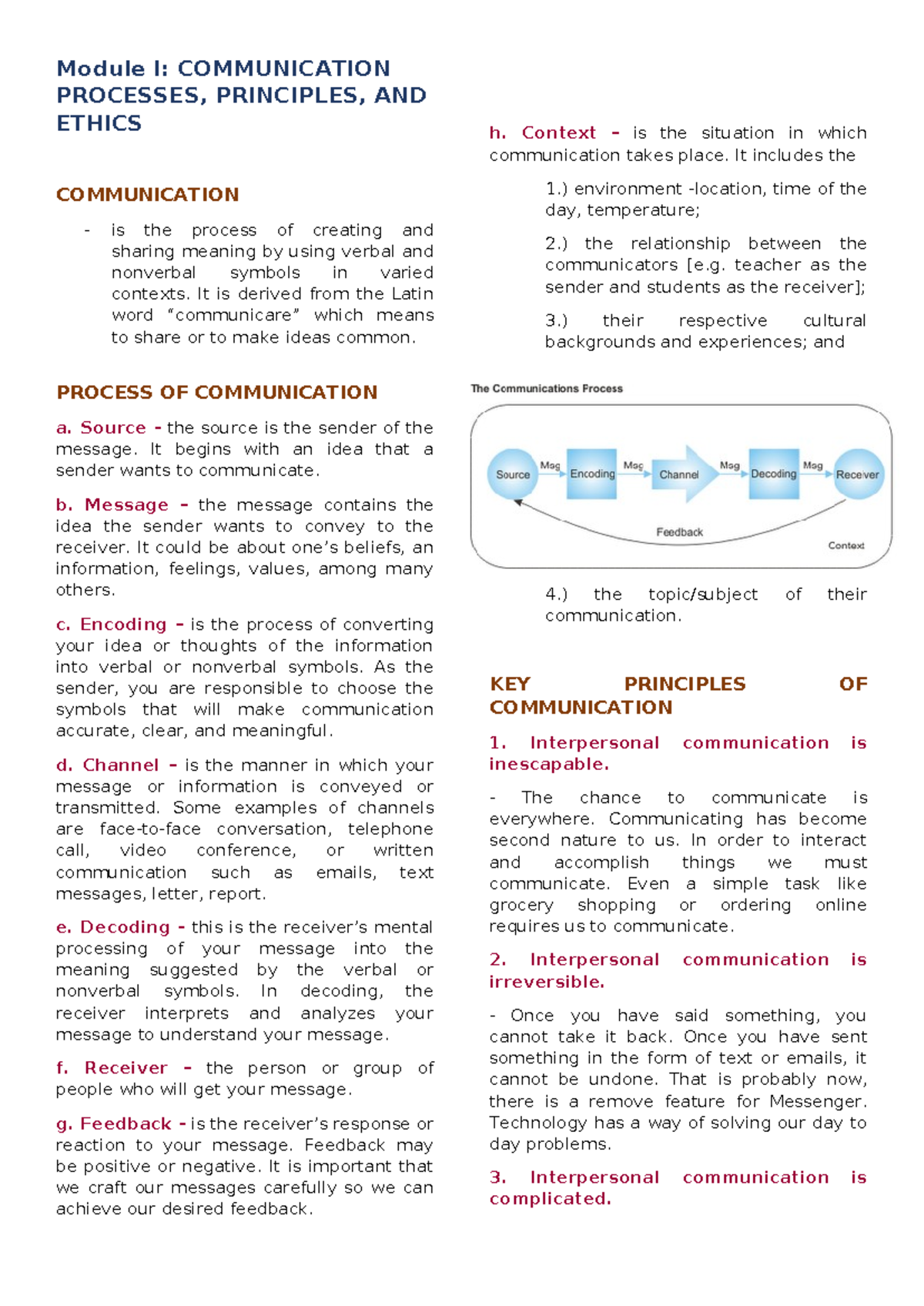 Purcomm Reviewer - Module I: COMMUNICATION PROCESSES, PRINCIPLES, AND ...