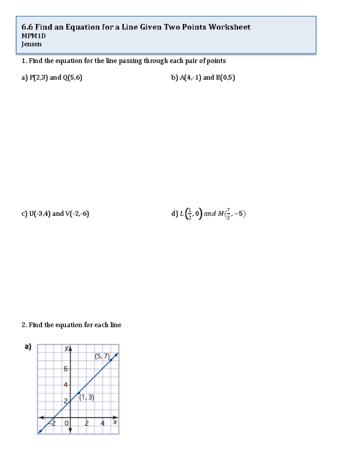 6 - worksheet - 6 Find an Equation for a Line Given Two Points ...