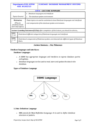 Classification of database management systems - LECTURE SUMMARY Topics Covered Classification of ...