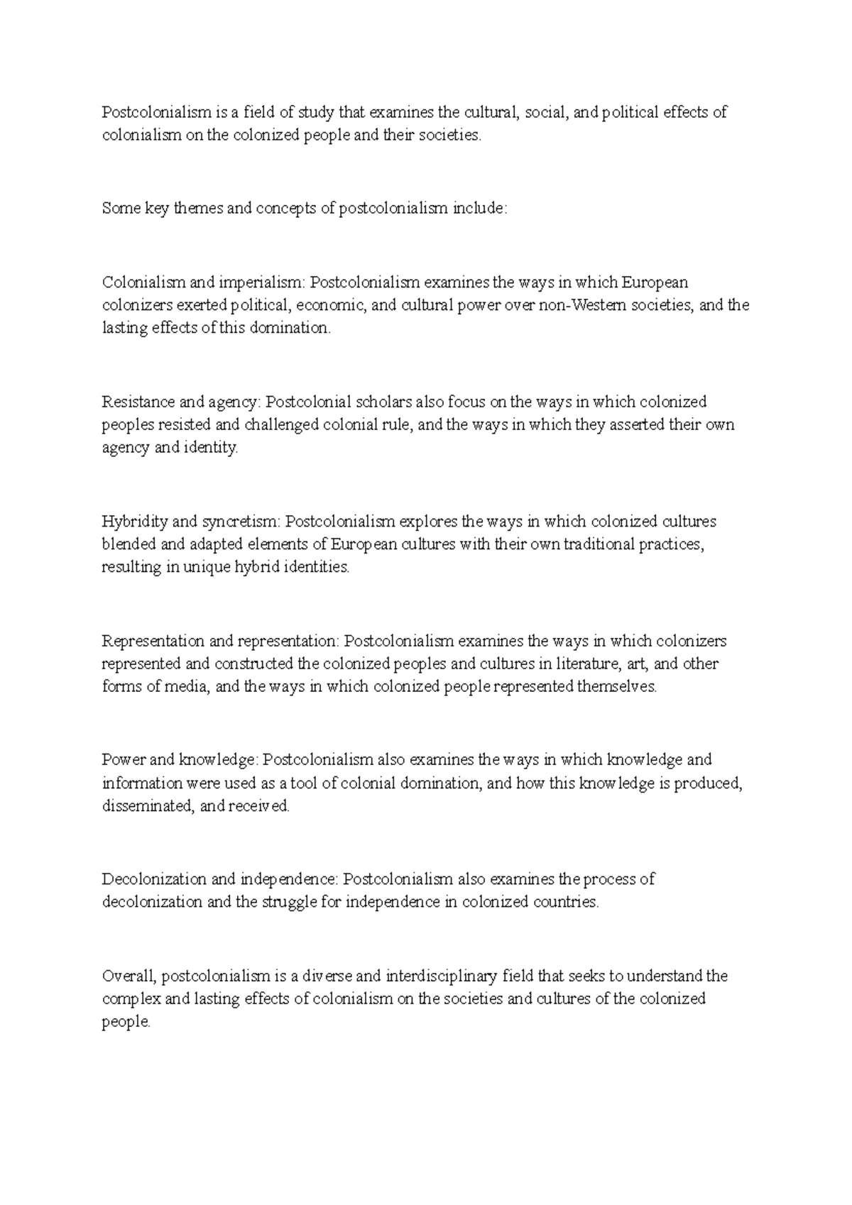The key themes and concepts of postcolonialism - Postcolonialism is a ...