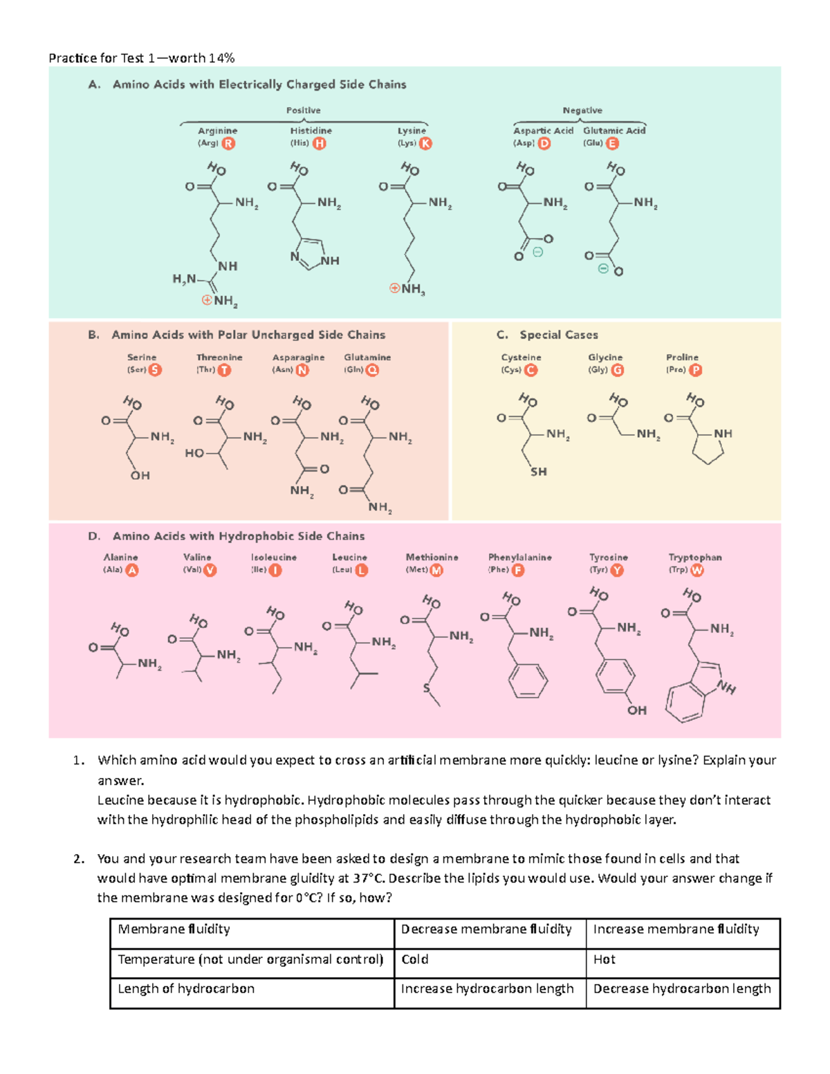 Practice Test 1 - Practice for Test 1—worth 14% Which amino acid would ...