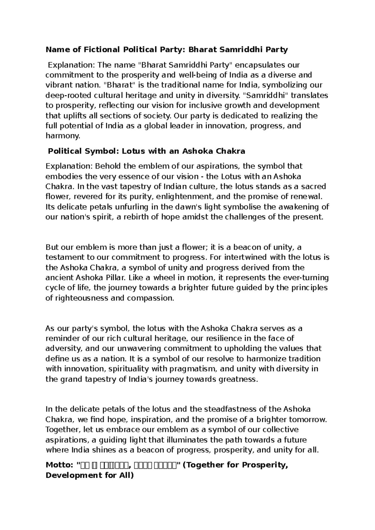 Liberal Arts assignment - Name of Fictional Political Party: Bharat ...