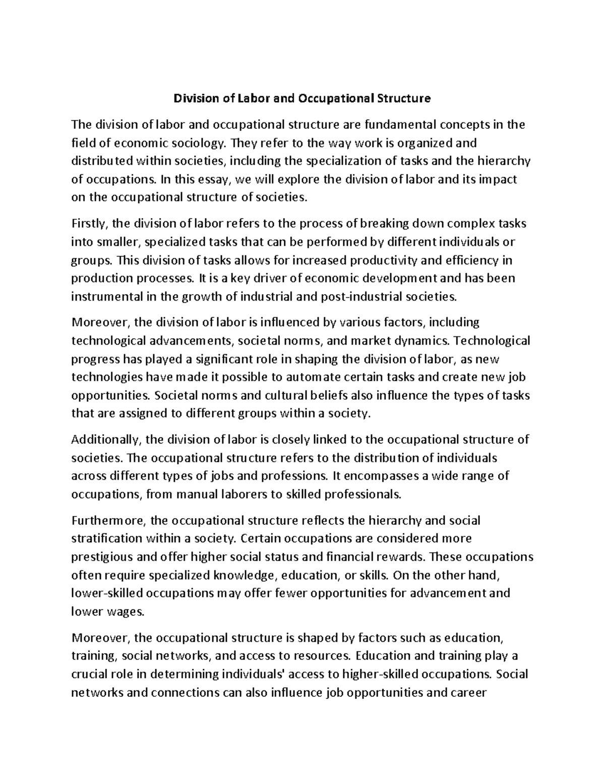 Division of Labor and Occupational Structure - They refer to the way ...