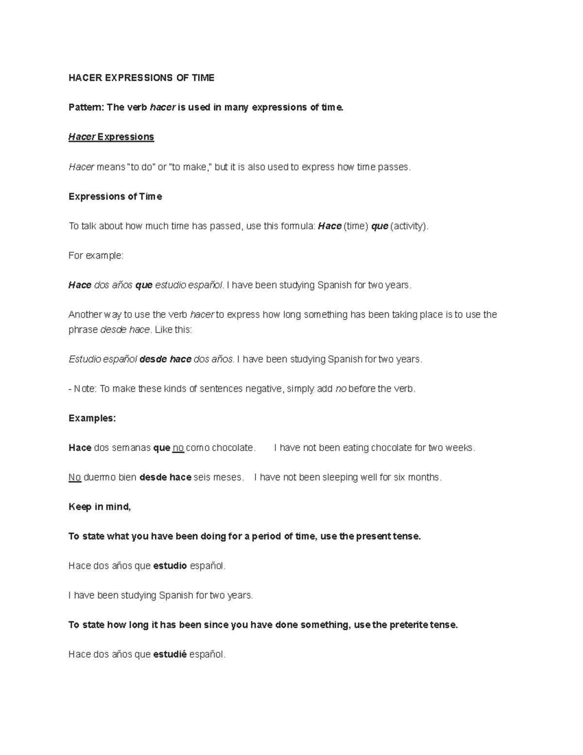 Hacer and Expressions of Time - HACER EXPRESSIONS OF TIME Pattern: The ...