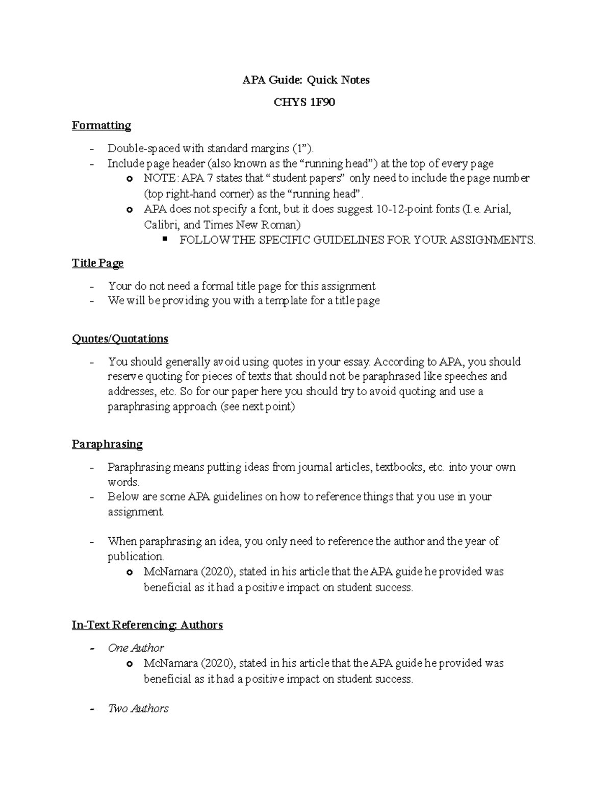 APA guide Quick notes - APA Guide: Quick Notes CHYS 1F Formatting ...