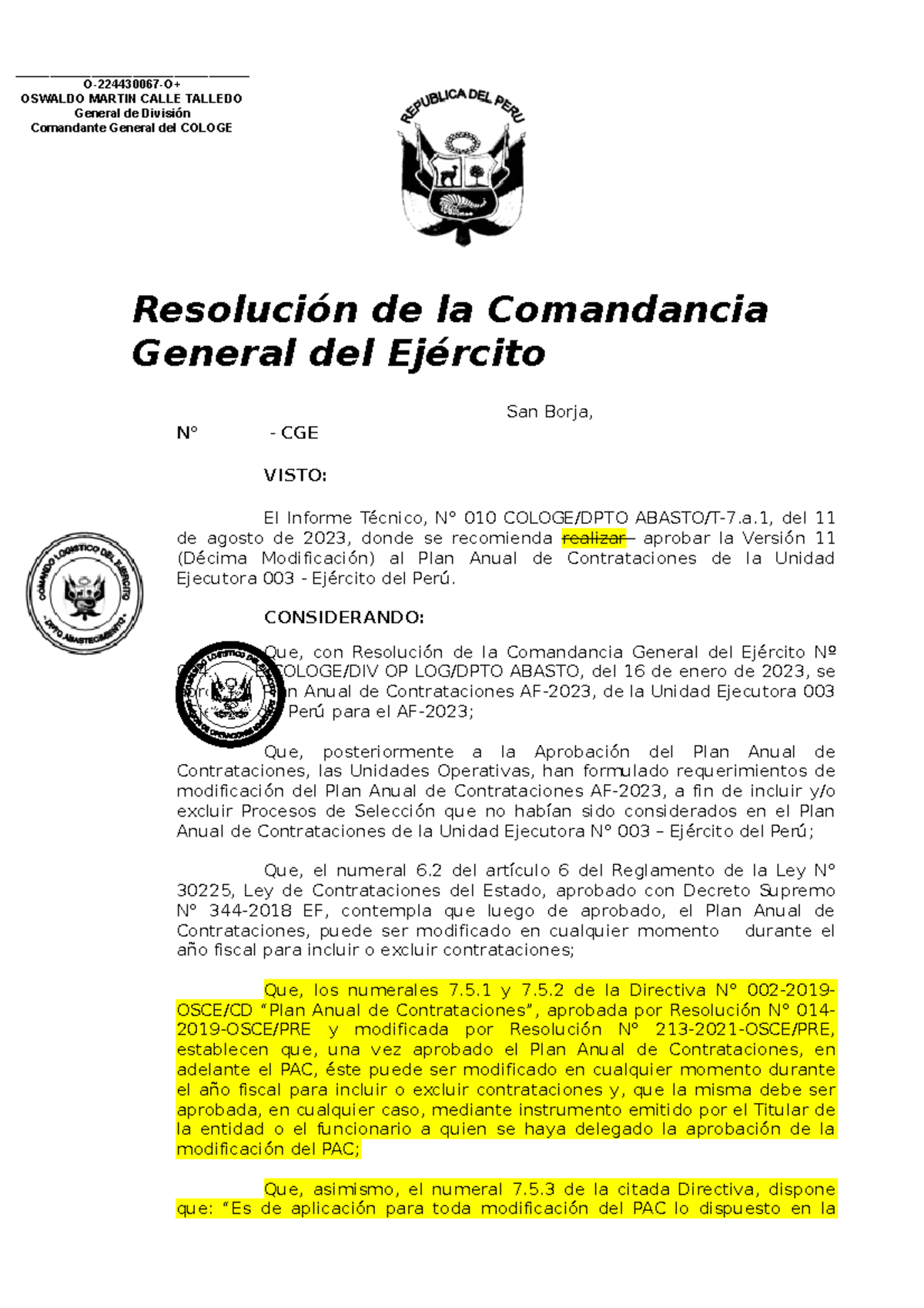3 RCGE 10ma Modificacion 2023 - Resolución de la Comandancia General del Ejército San Borja, N ...