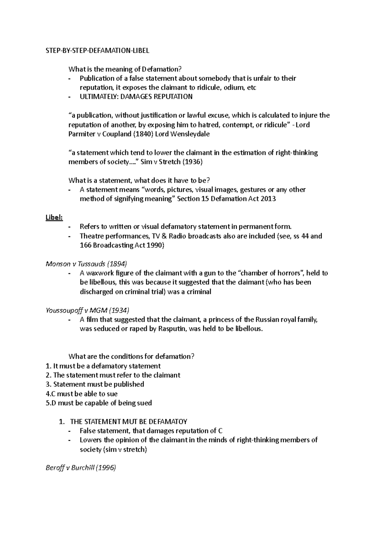Libel STEP-BY-STEP- Notes - STEP-BY-STEP-DEFAMATION-LIBEL What is the ...