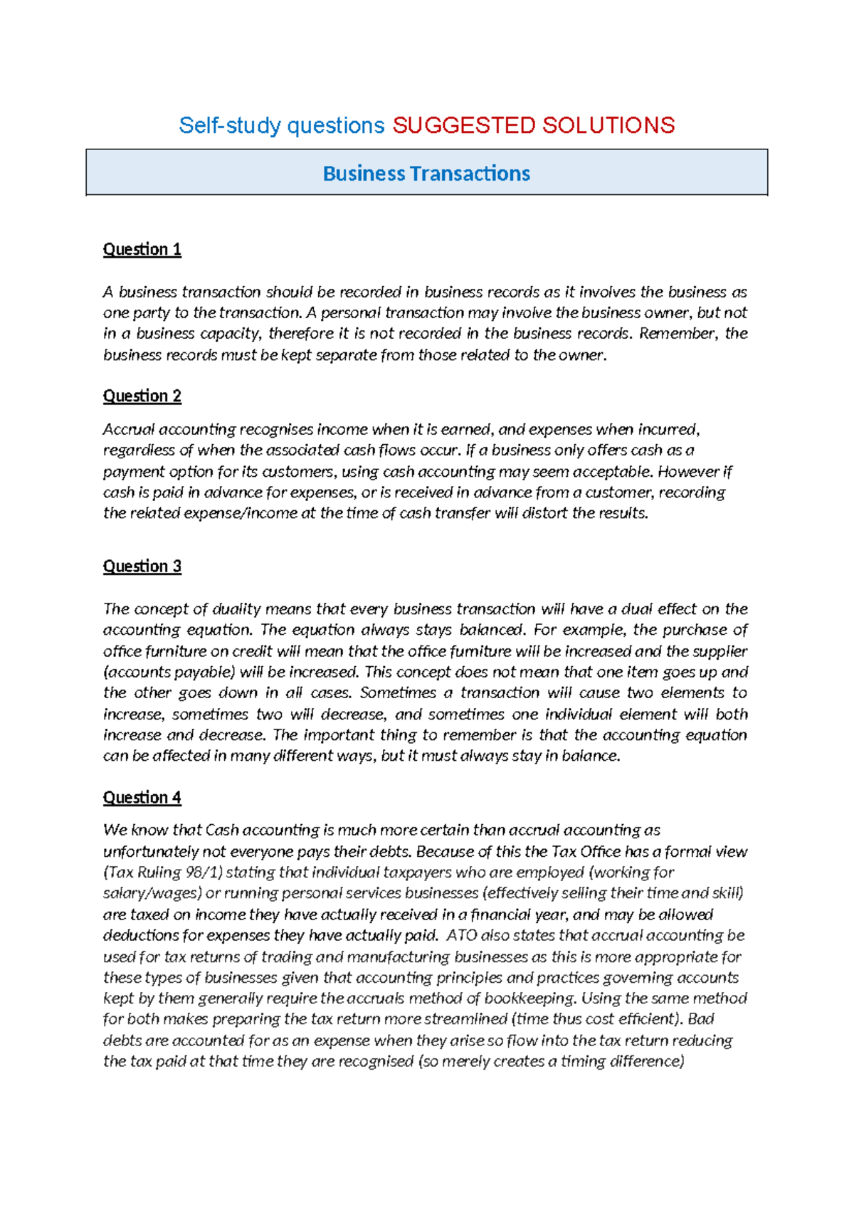 Topic 3 Self-study questions Solutions - Self-study questions SUGGESTED ...