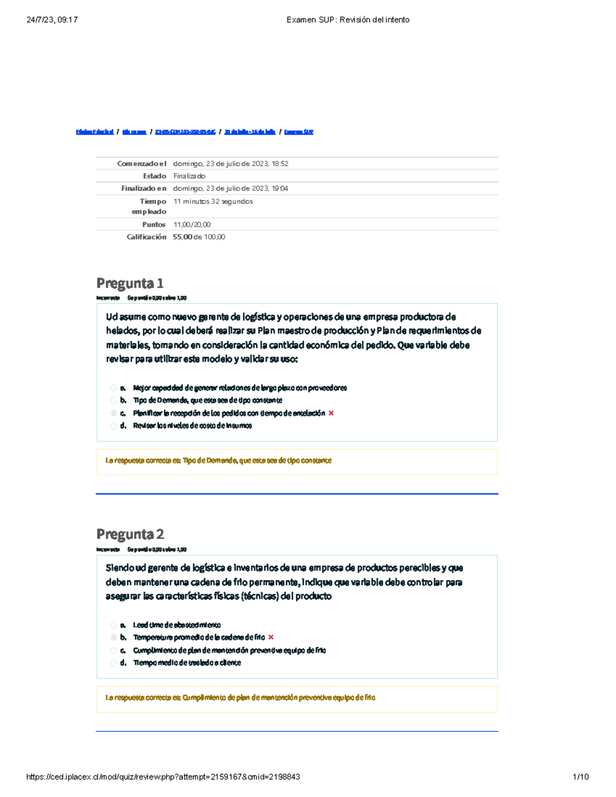 Examen SUP Revisión del intento - Página Principal / Mis cursos / 23-2B ...