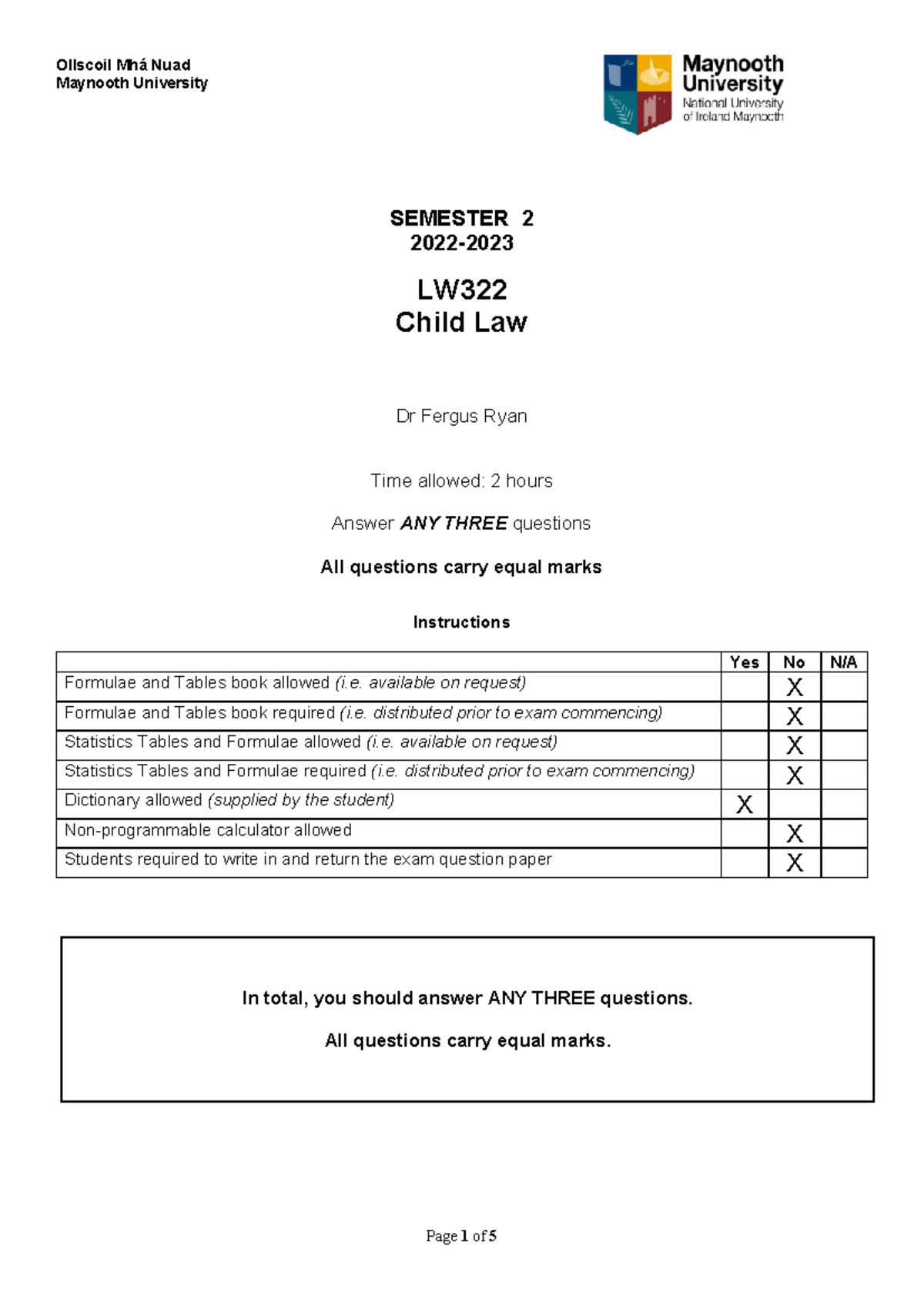 2023-LW322-Summer.pdf EXAM Paper - Ollscoil Mhá Nuad Maynooth University SEMESTER 2 2022- LW ...