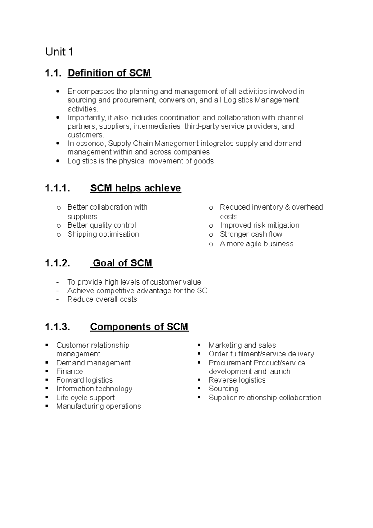 Unit 1 - Notes on Unit 1 - Unit 1 1. Definition of SCM Encompasses the ...