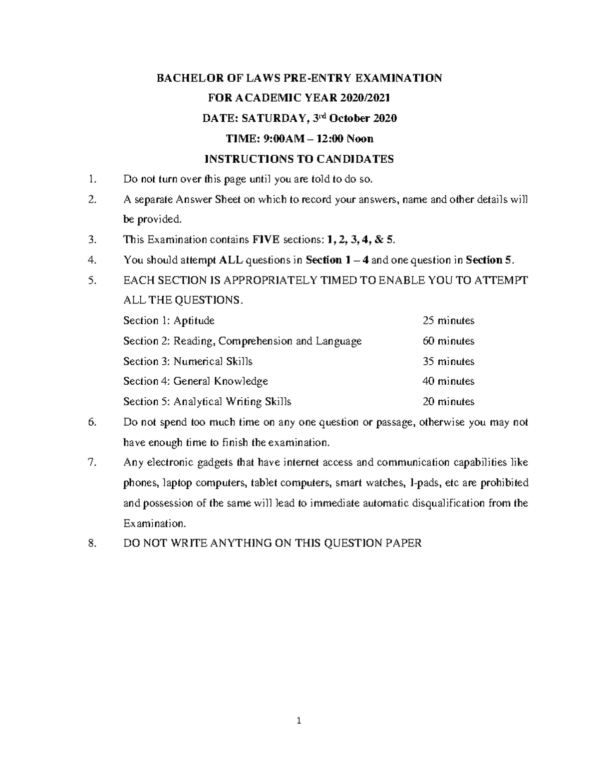 Bachelor OF LAWS PRE- Entry Examination - BACHELOR OF LAWS PRE-ENTRY ...