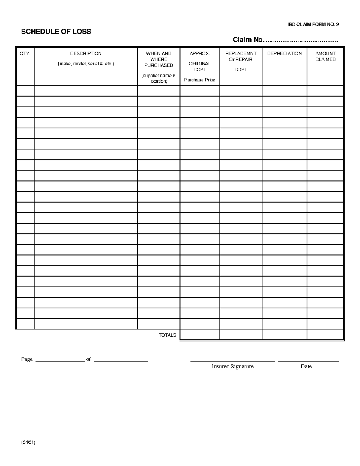 Schedule of Loss - Busi 1004 - IBC CLAIM FORM NO. 9 (04/01) SCHEDULE OF ...