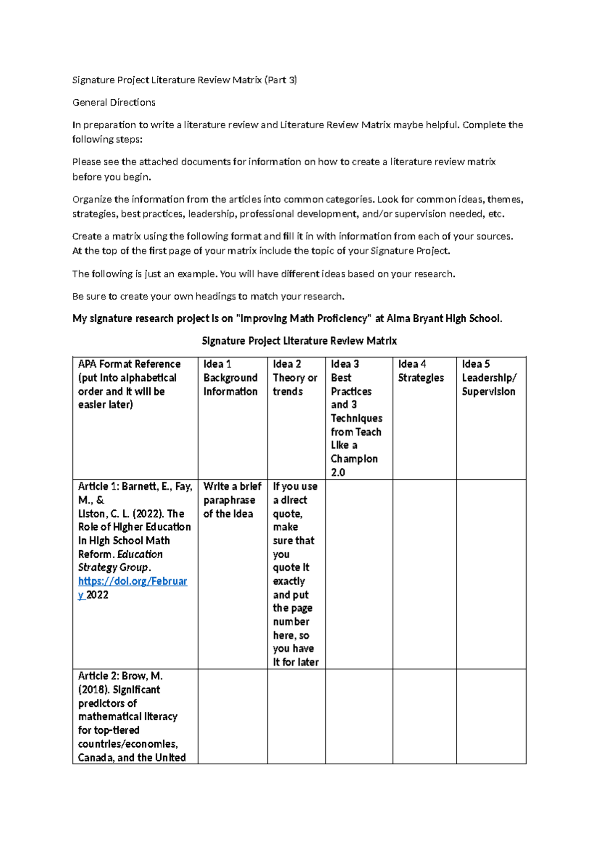 Signature Project Literature Review Matrix - Complete the following ...