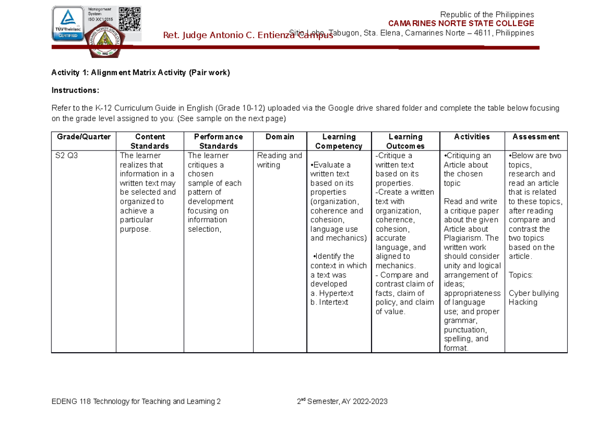 Alignment Matrix and PBLPr BL Activity - Activity 1: Alignment Matrix ...