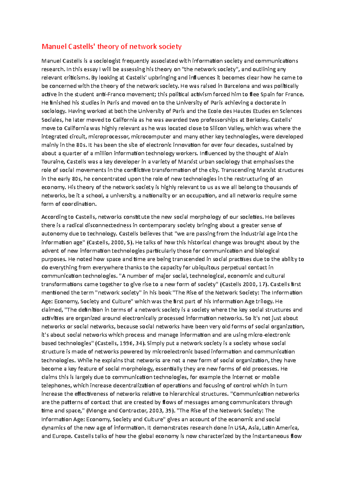 Manuel Castells Rise of Network Society Essay - Manuel theory of ...
