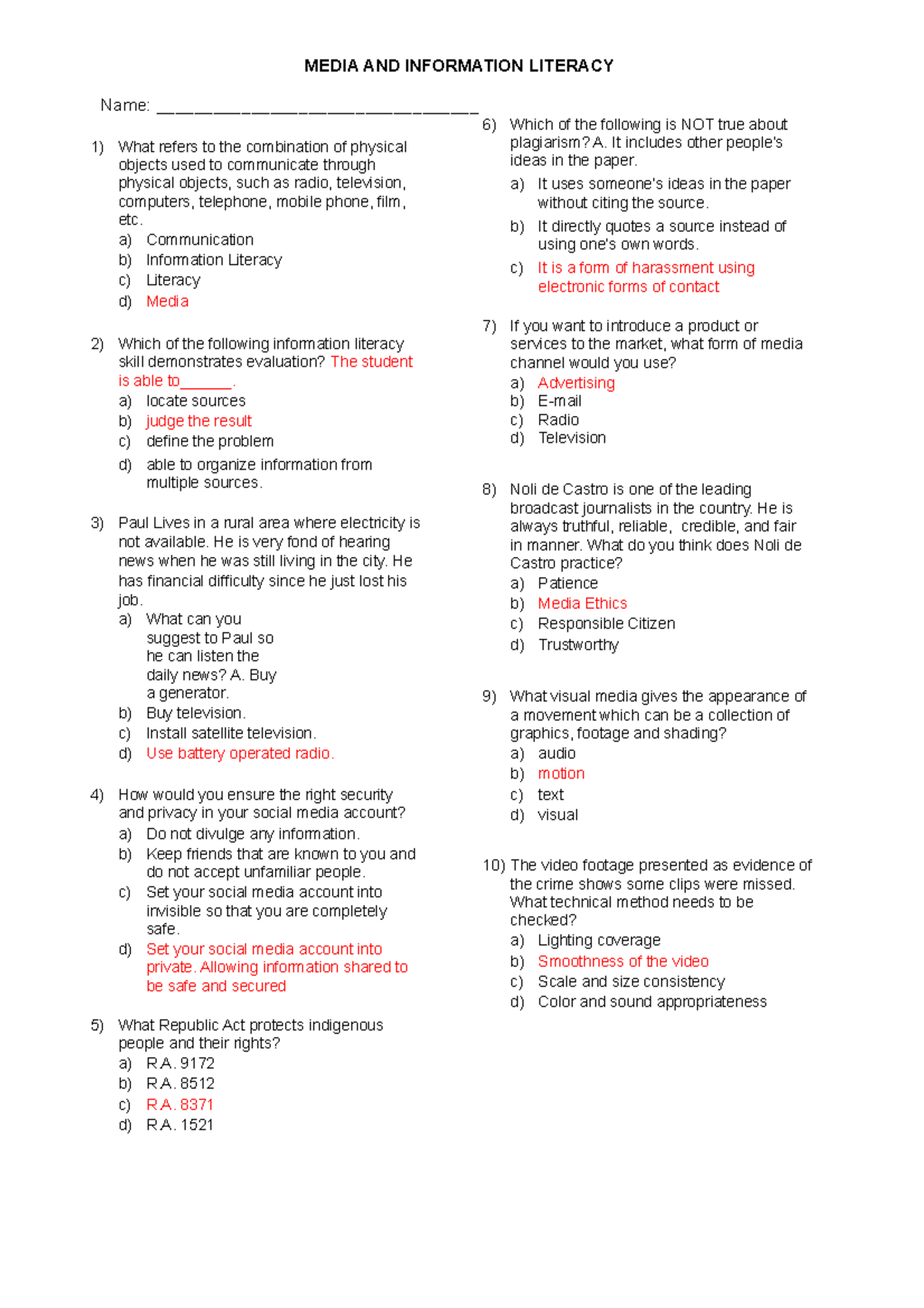 Media and Information Literacy Reviewer - Name: __________________________________ What refers ...