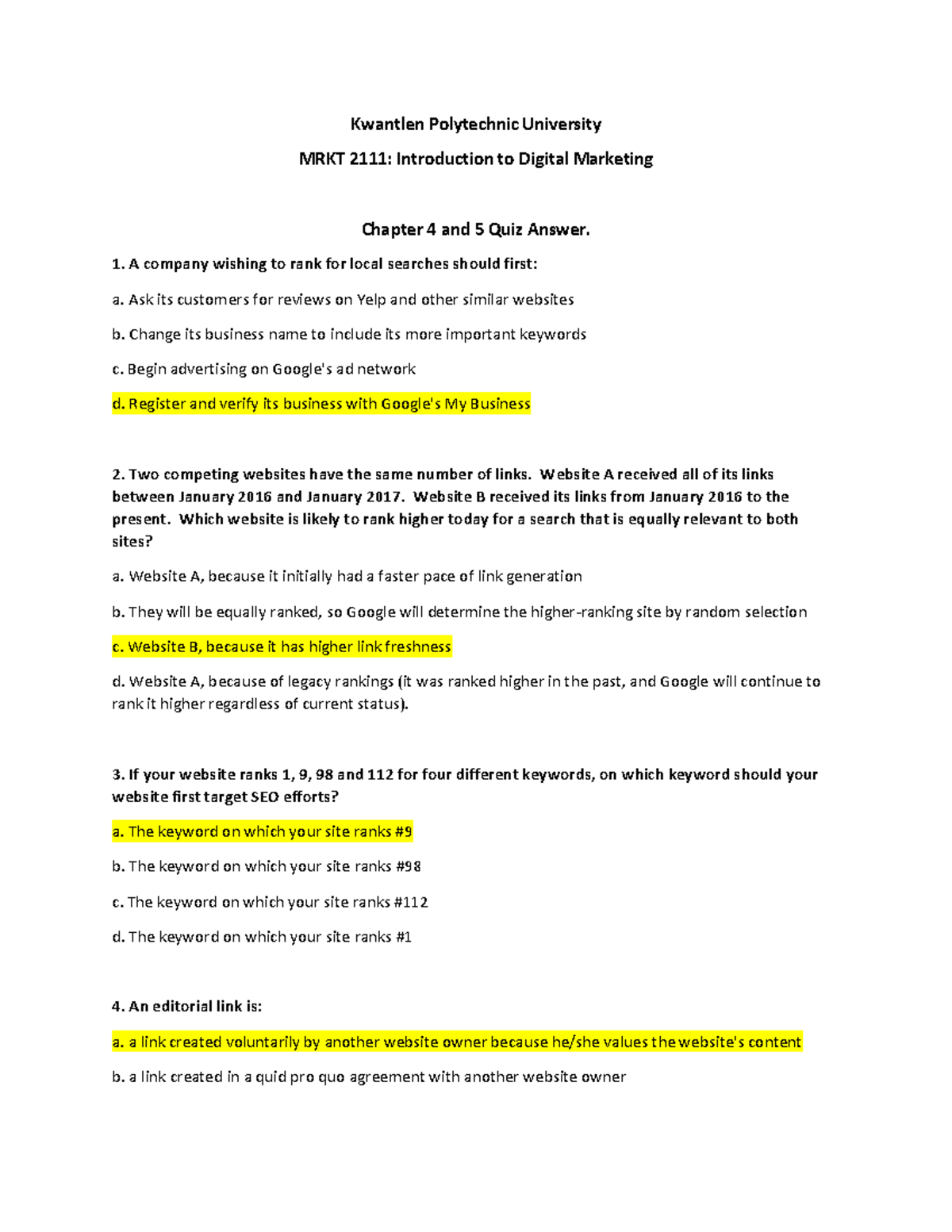 MRKt 2111 Chapter 4 and 5 quiz answer - Kwantlen Polytechnic University ...