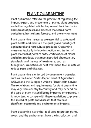 Plant Quarantine - PLANT QUARANTINE Plant quarantine refers to the ...