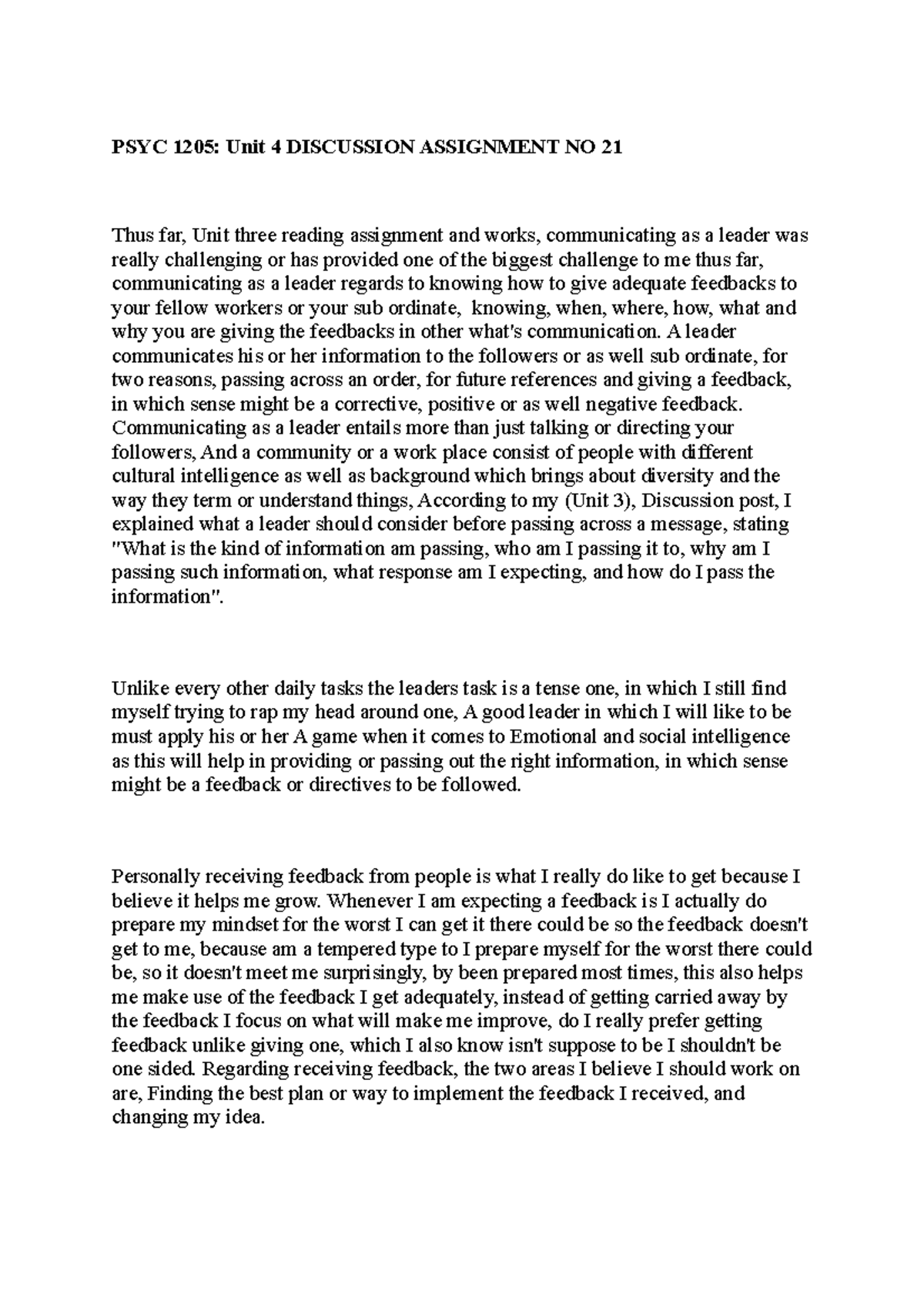 PSYC 1205 UNIT 4 DF Assignment Number 21 - PSYC 1205: Unit 4 DISCUSSION ASSIGNMENT NO 21 Thus ...