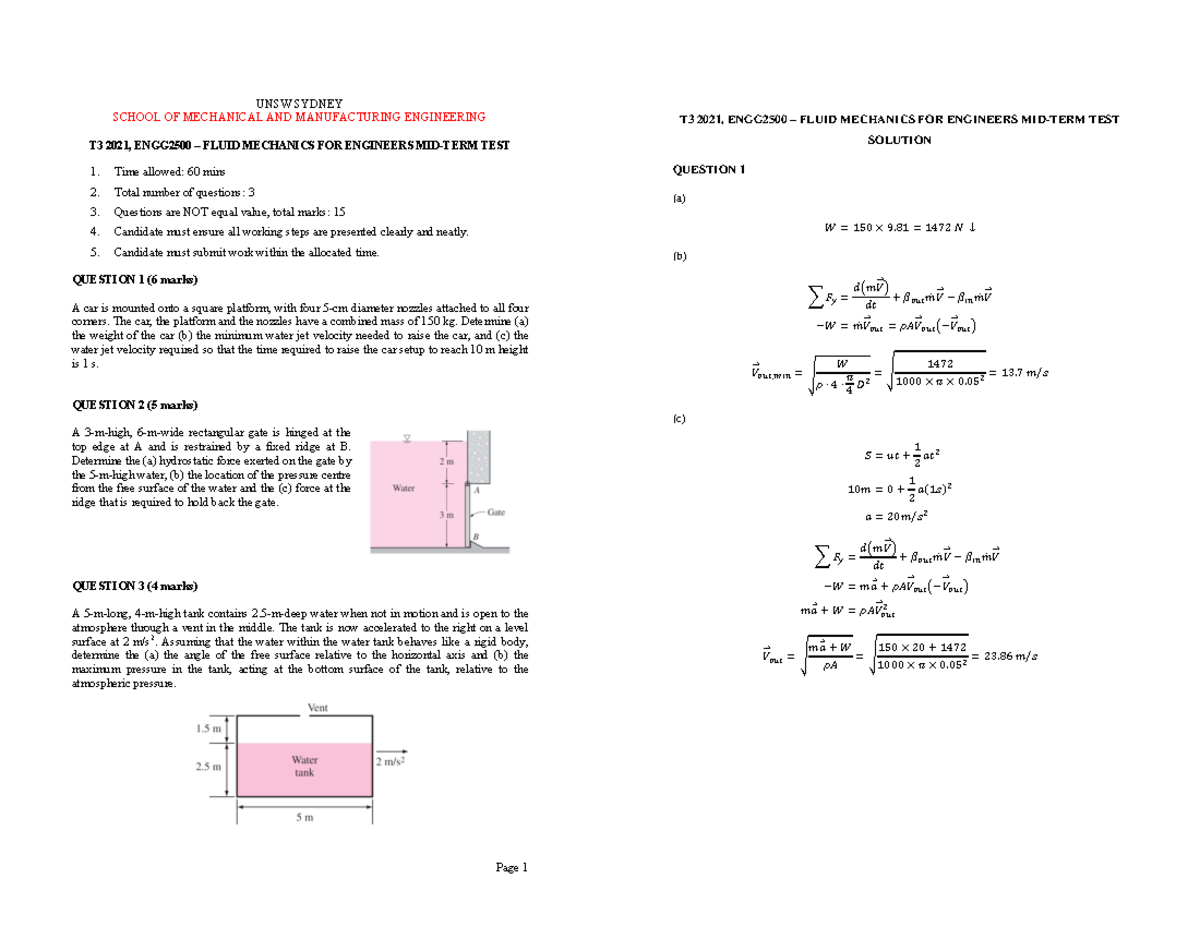 ENGG2500 2021 Mid Term - Exam Paper - Page 1 UNSW SYDNEY SCHOOL OF ...