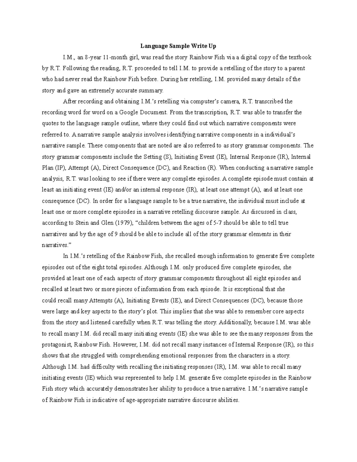 Language Sample Summary - Language Sample Write Up I., an 8-year 11 ...