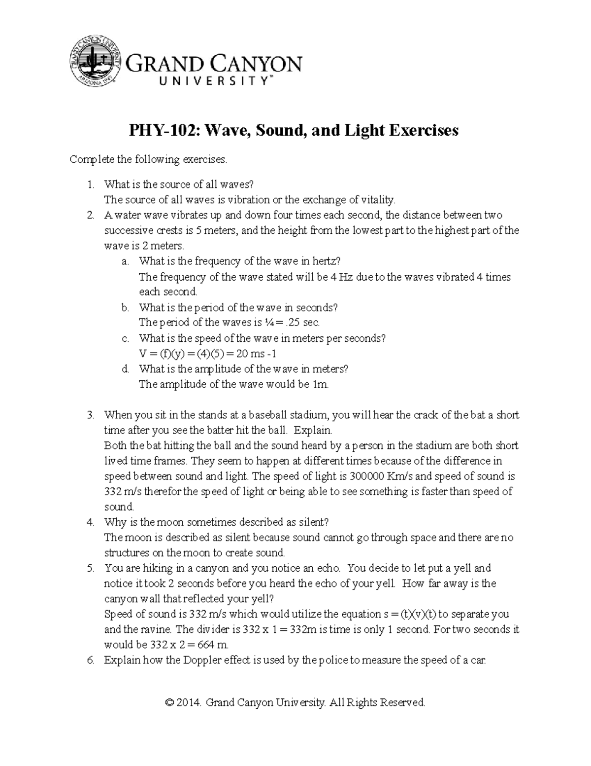 PHY 102 RS Wave Soundand Light Exercises - Wave, Sound, and Light Exercises Complete the ...