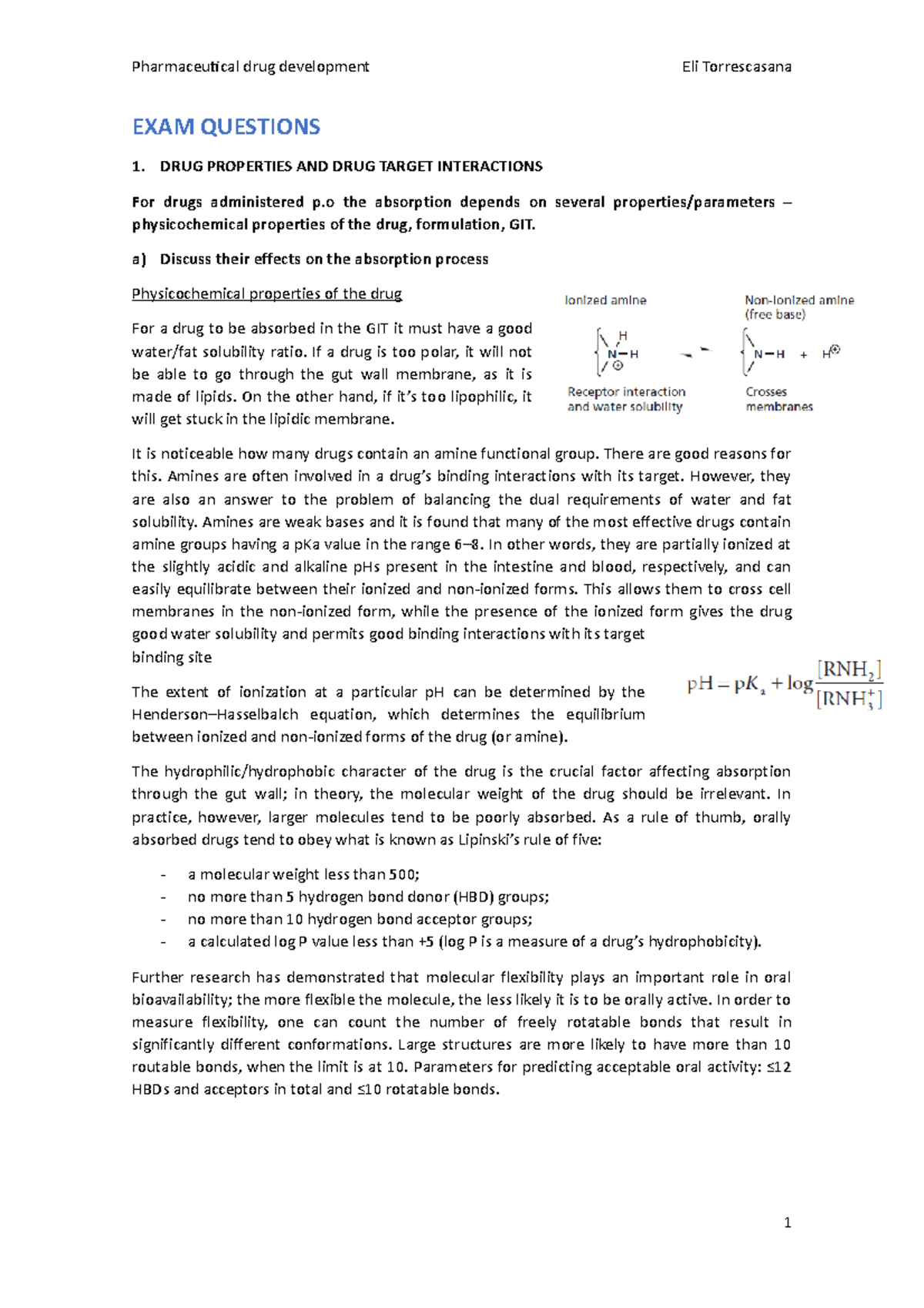 Exam Questions - EXAM QUESTIONS 1. DRUG PROPERTIES AND DRUG TARGET ...