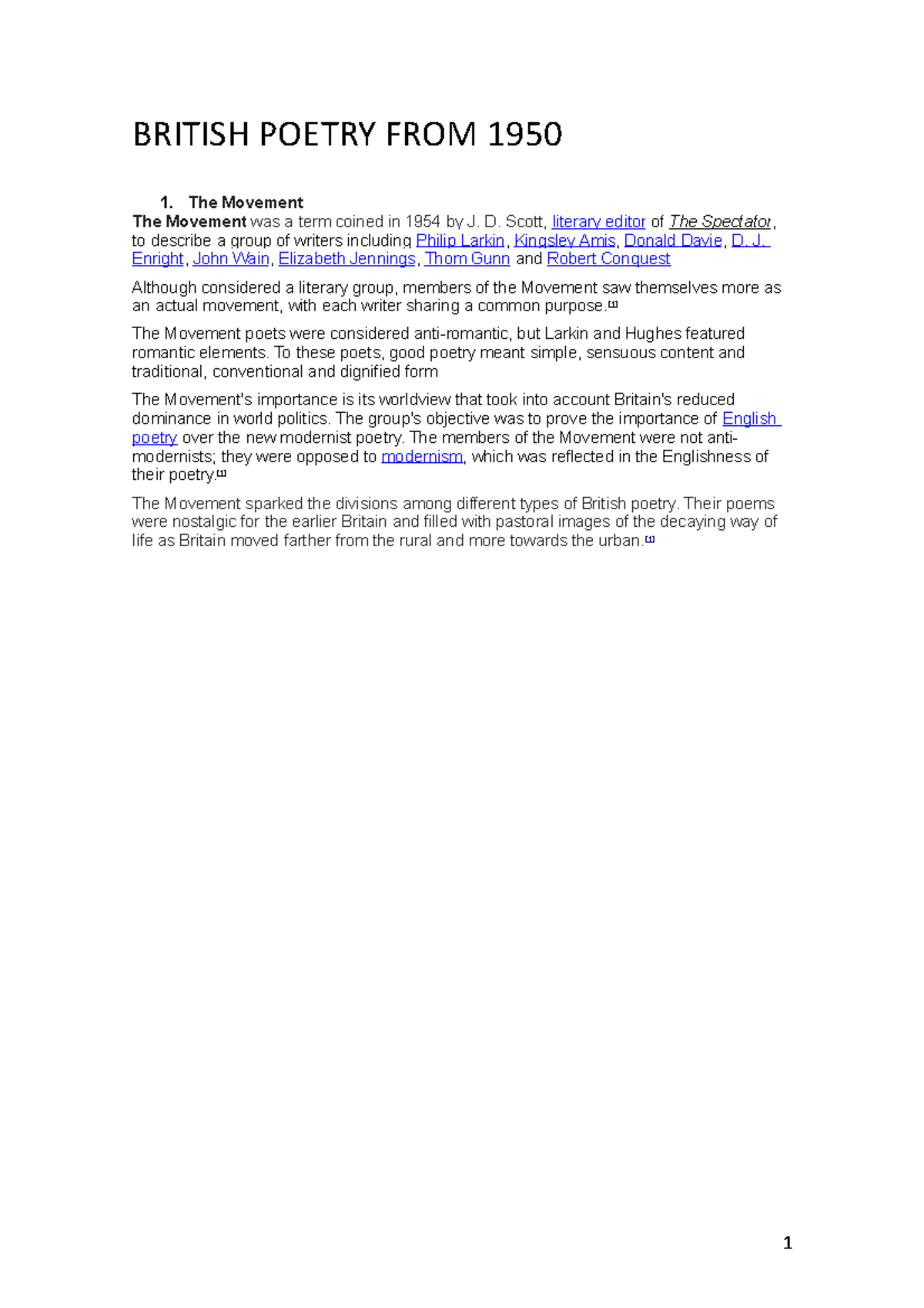 British Poetry FROM 1950 - BRITISH POETRY FROM 1950 The Movement The ...