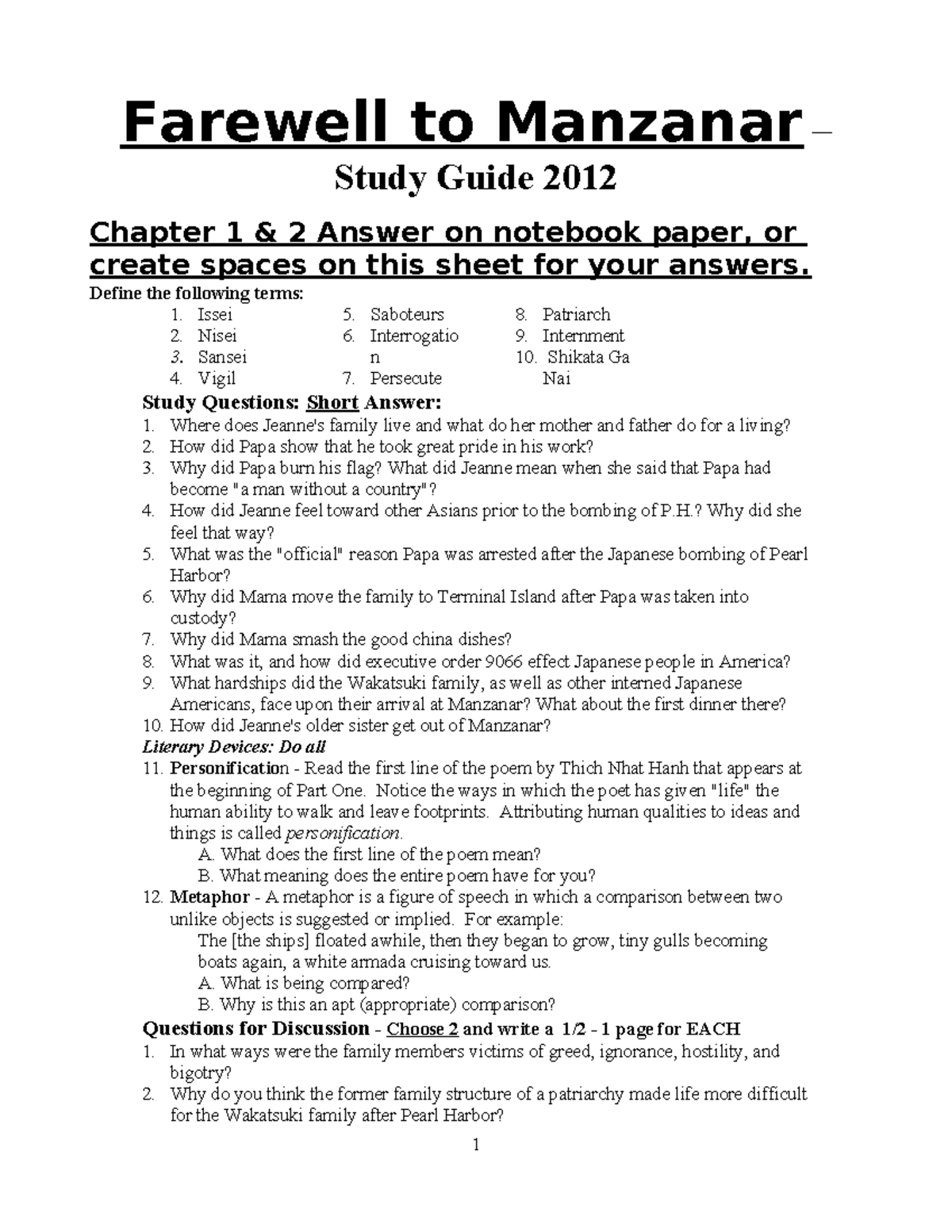 Farewell to Manzanar Chap 1 22 SG 2012 - Farewell to Manzanar – Study ...