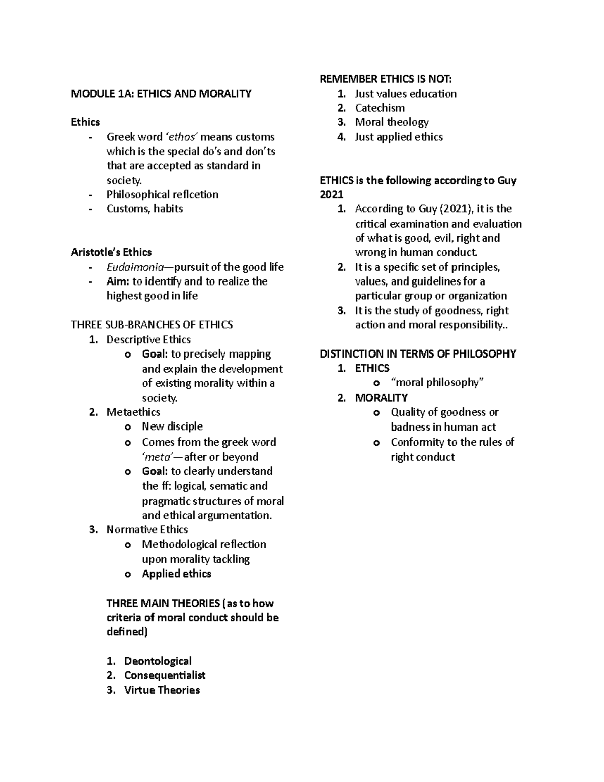 Ethics - Lecture notes 1a - La Salle - Dasma - StuDocu